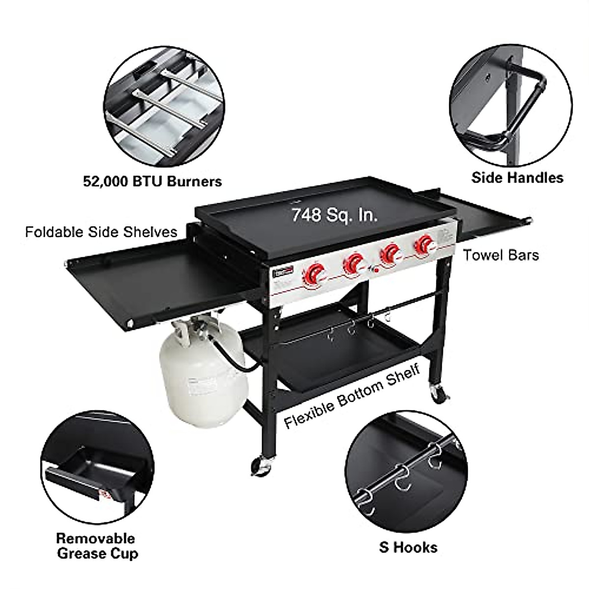 Royal Gourmet GB4000FC 36-Inch Gas Griddle with Cover, 4-Burner Flat Top Gas BBQ Grill with Top Cover Lid, Propane Fuelled, Outdoor Griddle Station with Folding Side Shelves and Legs, Black