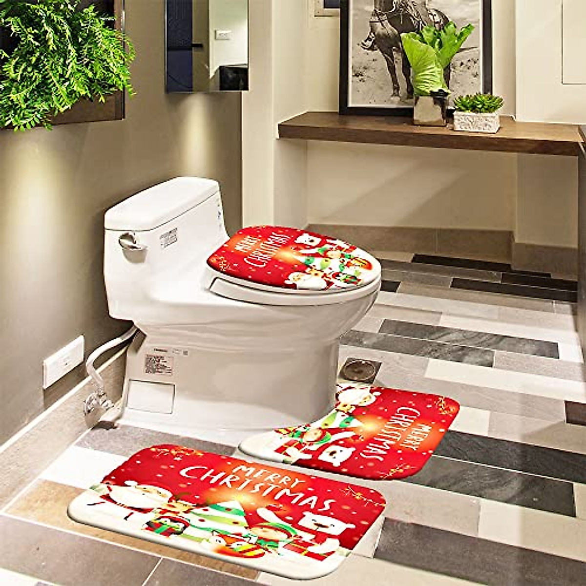 SENMULIN Christmas Bathroom Sets 4-Piece Set Christmas Shower Curtain Sets with Waterproof Shower Curtain, Non-Slip Bathroom Carpet, Bath Mat, Toilet Lid Cover（Family）