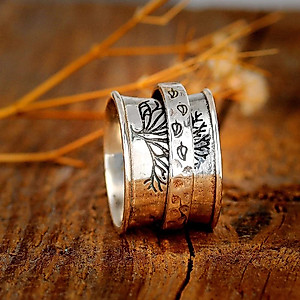 Tree of Life Spinner Ring for Women Girls Men Anti Anxiety Fidget Rotate Freely Inspirations Stress Relief Meditation Stacking Middle Finger Wide Band Fashion Vintage Leaves Statement Spin Ring Personalized Jewelry Gifts Bff Valentine's Day Birthday (9)