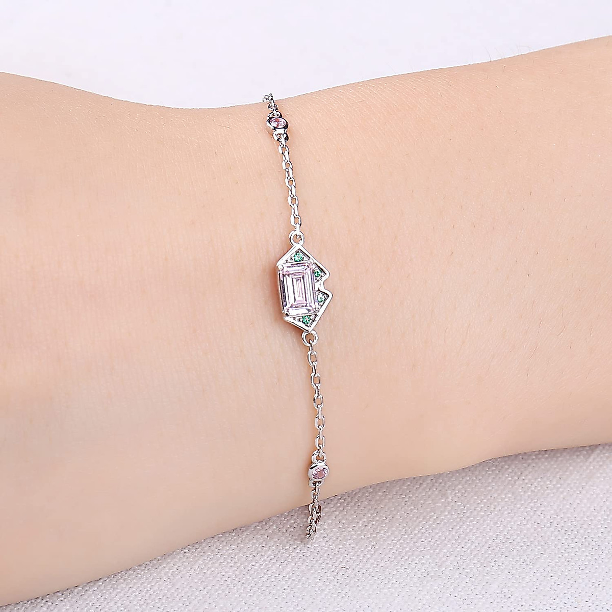 JewelryPalace Geometric Emerald Cut Pink Cubic Zirconia Adjustable Link Bracelet for Women, Art Deco 14k White Gold Plated 925 Sterling Silver Bracelet for Her, CZ Gemstone Jewelry Set