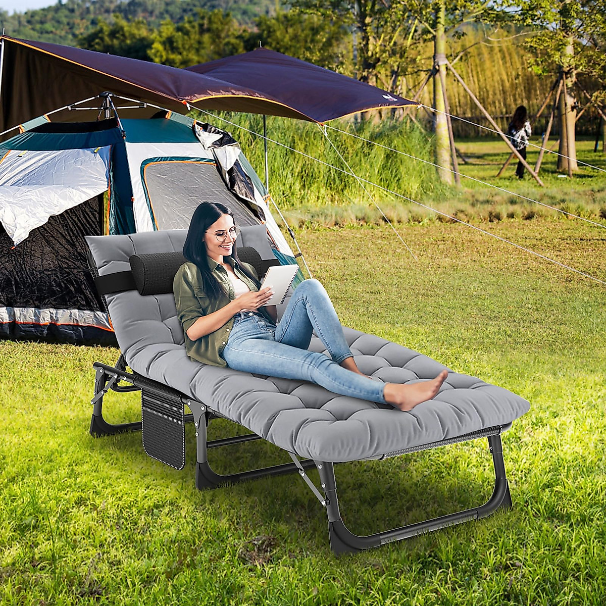 LILYPELLE Folding Outside Chaise Lounge Chair with Mattress, 5 Position Adjustable Patio Folding Lounge Chair Reclining Chairs Perfect for Sunbathing, Camping, Pool, Beach, Patio