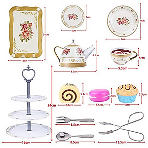 Cheffun Tea Set for Little Girls - Tea Party Pretend Play Kitchen Set Sweet Princess Accessories Plastic Tea Cups Dishes Play Food Macaroons Cake Set Stands Play Set for Toddlers Kids Ages 3 4 5 6 7+