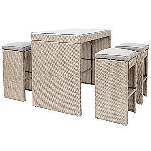 Tidyard 5-Piece Rattan Outdoor Patio Furniture Set Bar Dining Table Set with 4 Stools, Brown Cushion Brown Wicker Garden Conversation Set for Garden Balcony Outside Furniture Patio