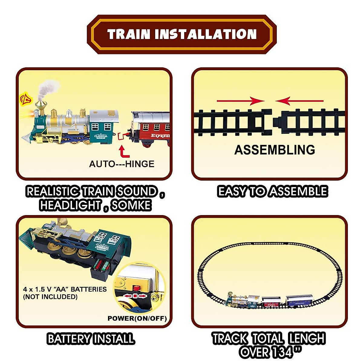 WESPREX Electric Train Set for Kids w/Headlight, Realistic Sound, Battery-Operated Toy Train, 1 Locomotive, 2 Compartments, 10 Railway Tracks, Gift for Boys Girls Age 4 5 6 7 - Classic w/Smoke
