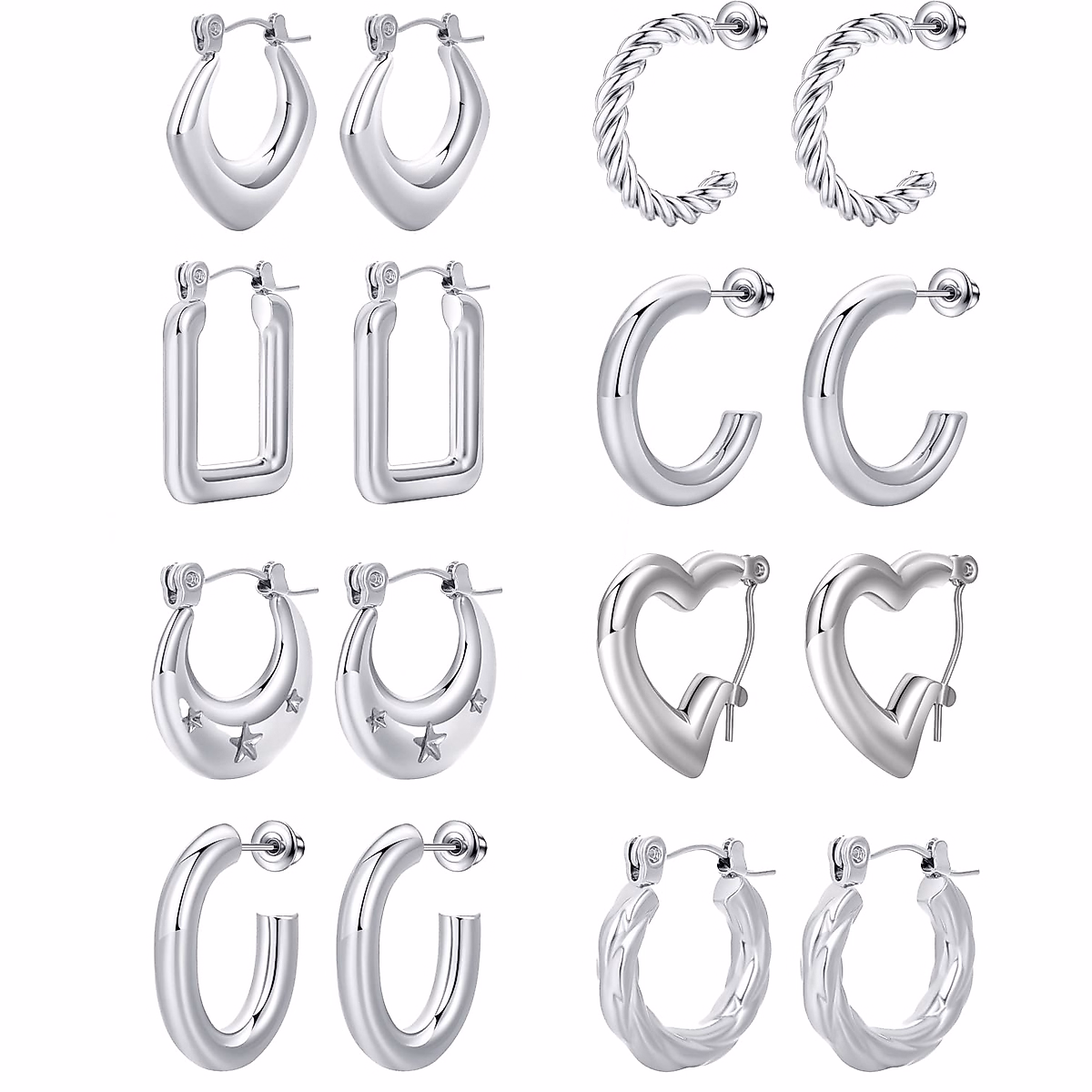 Jannisa Women's 8 Pairs Hypoallergenic Stainless Steel Chunky Silver Hoop Earrings Set, Gold Earrings for Women, Trendy Jewelry Earrings for Daily Wear