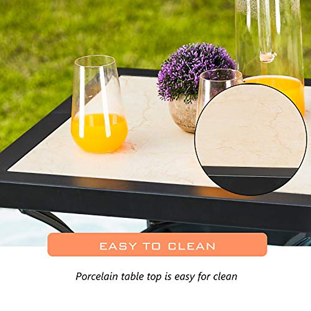 LOKATSE HOME 21" Outdoor Square Patio Dining Table Metal Steel Legs with Ceramics Top, Black