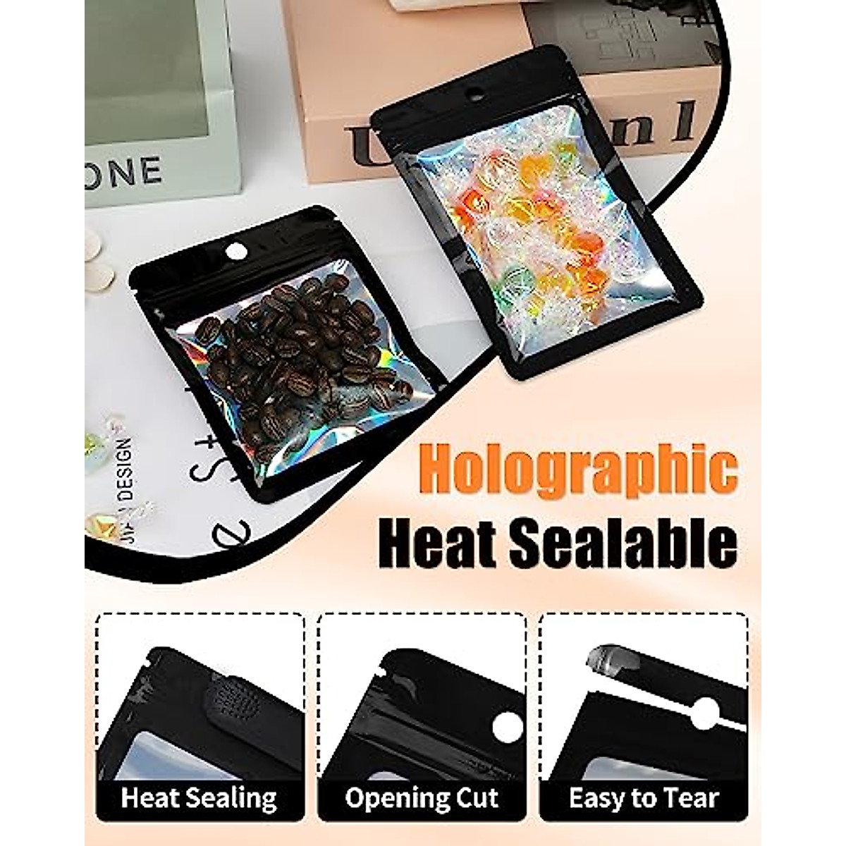 Holographic Bags Candy Bags 300 PCS (3x4.7 Inch, Black) Resealable Bags Packaging Bags with Clear Window Small Bags Foil Pouch Bags for Food Storage Small Business Christmas