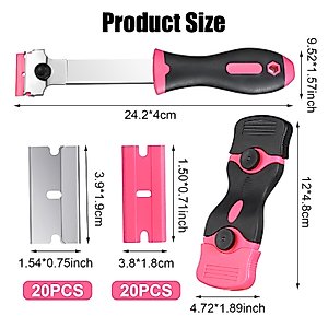 Guiqulai Razor Blade Scraper, 2 Pcs Scraper Tool with 40 Pcs Razor Blades, Glass Scraper, Multi Purpose Cleaning Scraper Tool for Removing Decals, Label, Sticker, Caulk, Adhesive, Tint, Paint