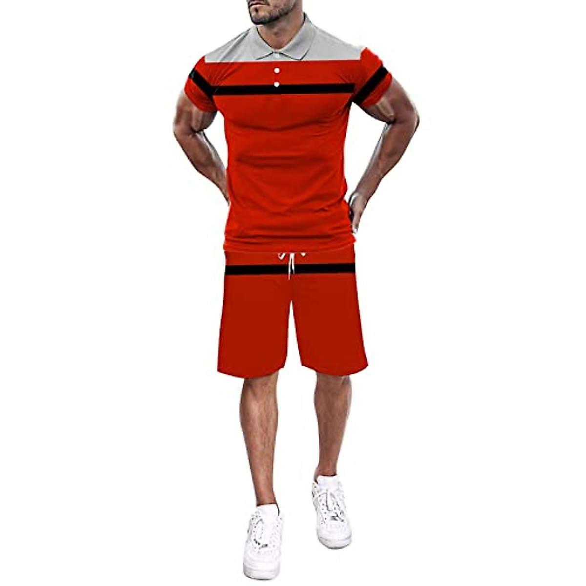 FAMOORE Fancy Men Suits Mens Short Sleeve T Shirt and Shorts Set Summer 2 Piece Outfit Big Mens Suits Red