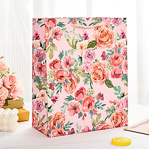 Elephant-package 12.6" Large Flower Gift Bag with Tissue Paper and greeting card, for Girls Women Birthday Gift Packing, Mothers Day, Valentine's Day, Bridal Shower, (Pink Rose)