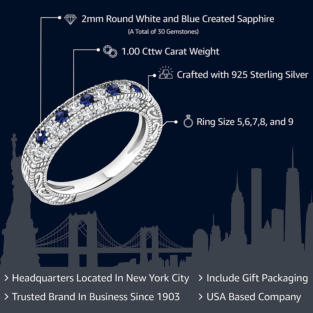 Gem Stone King 925 Sterling Silver Blue and White Created Sapphire Ring | Wedding Band Ring For Women | 1.00 Cttw | Available In Size 5, 6, 7, 8, 9
