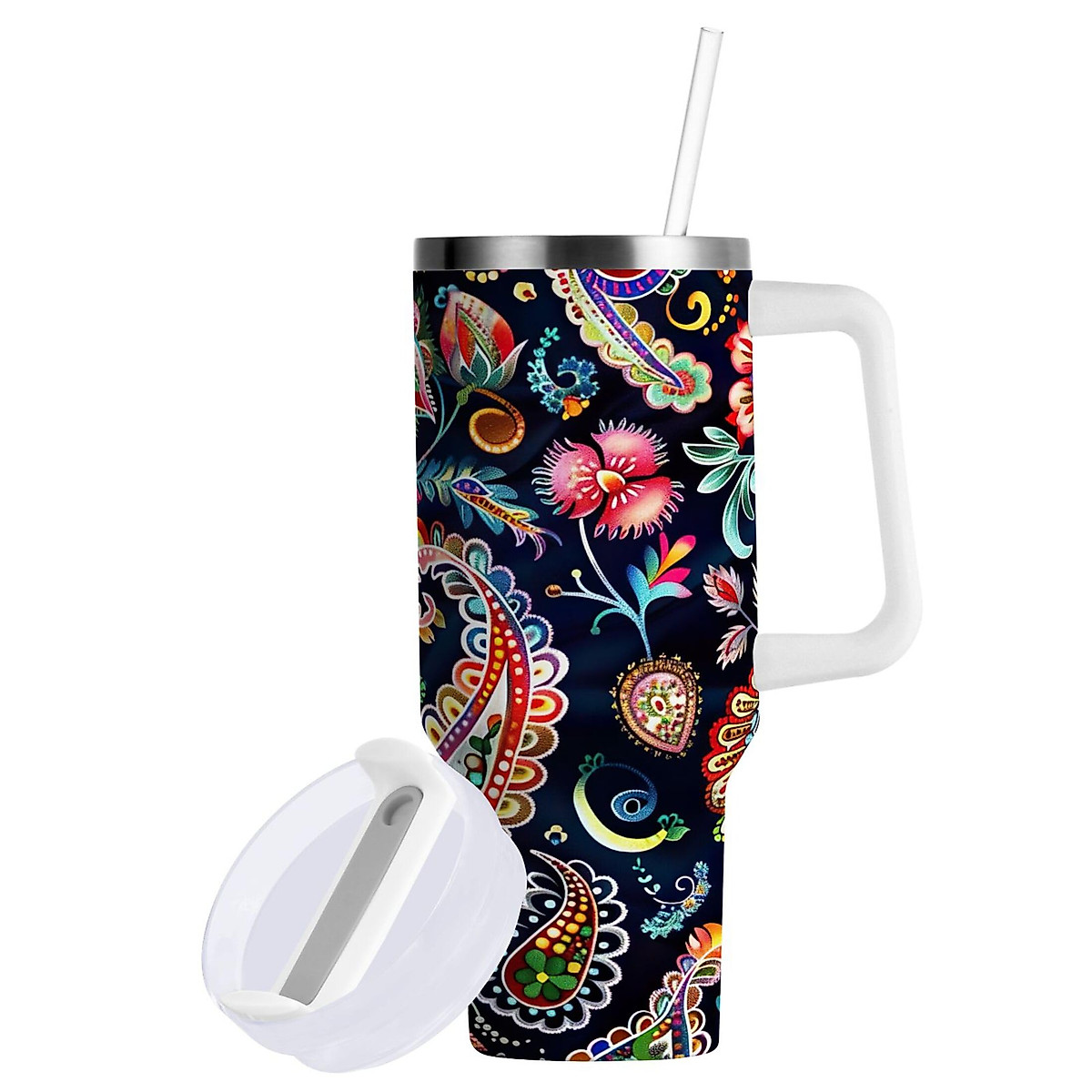 xigua 30 oz Paisley Flower Tumbler with Handle and Straw Lid, Stainless Steel Vacuum Insulated Sports Water Bottle, Keeps Cold or Hot Coffee Cup Travel Mug