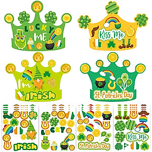 FANCY LAND Craft Kit, 24pcs St. Patrick’s Day Paper Crown & Stickers, Shamrock Party Favors, Kids DIY Irish Themed Hat, Adjustable & Durable