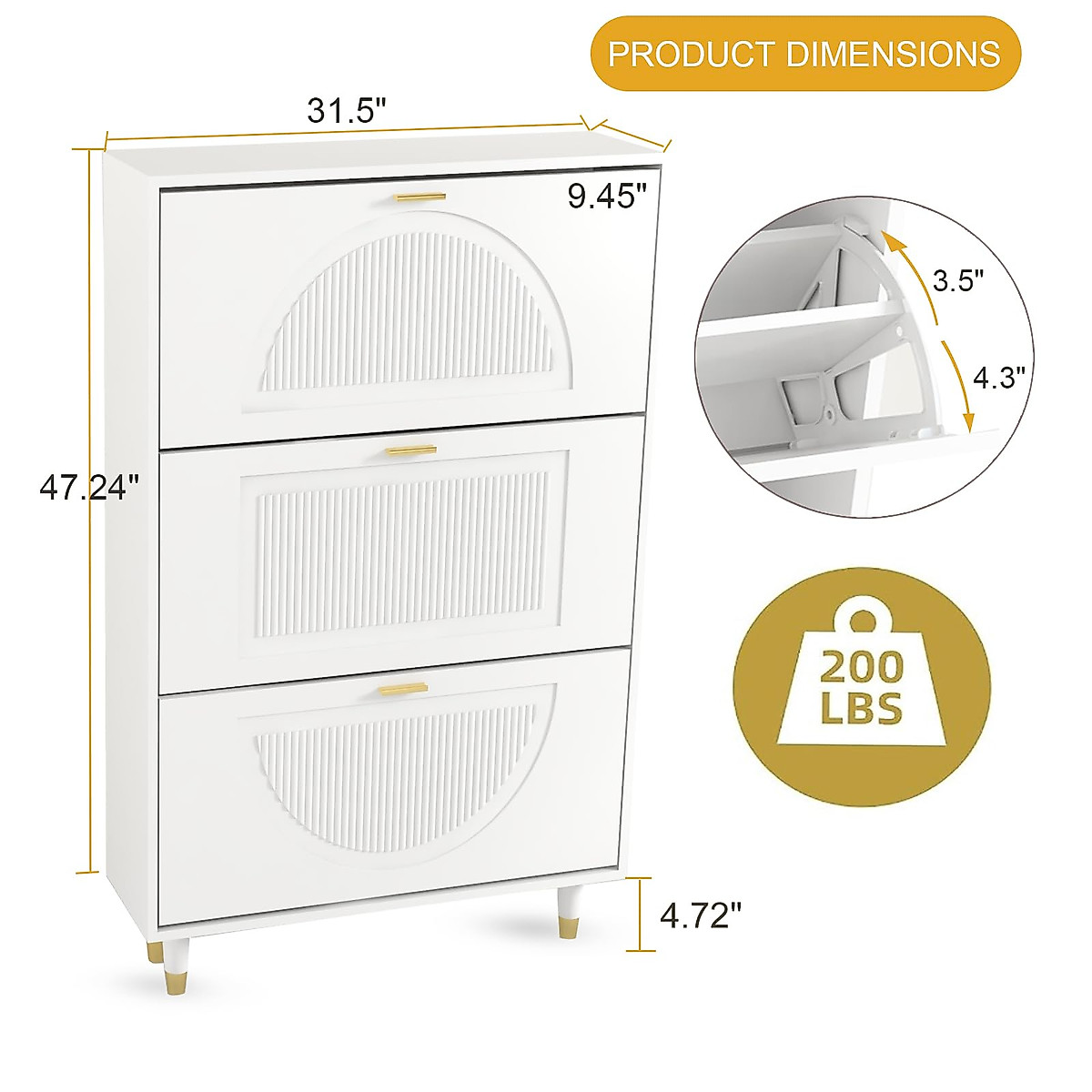 vinform Entryway Shoe Cabinet, Shoe Storage Cabinet with 3 Flip Drawers, Slim Shoe Cabinet for Hallway, Narrow Shoe Storage Cabinet, White Shoe Rack Storage Cabinet(W31.5 x D9.45 x H47.24)