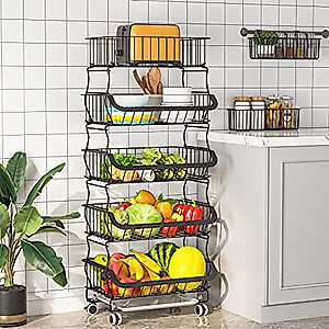 Fruit Vegetable Basket, 1Easylife 5 Tier Stackable Metal Wire Basket Cart with Rolling Wheels, Utility Rack for Kitchen, Pantry, Garage With 2 Free Baskets (Black)