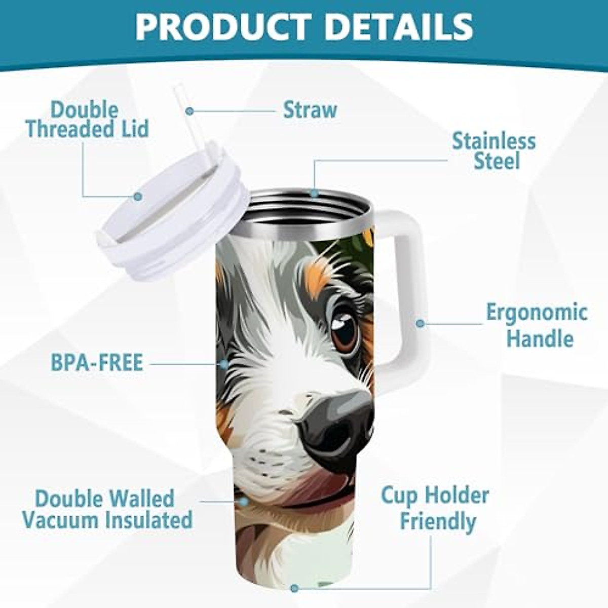 Adorable Dog with Flower Garland Soft Tumbler With Handle And Straw 30-40oz Insulated Tumbler Cups With Lid Stainless Steel for Cold Water and Drinks for School Work Sports Car Travel and Weekends