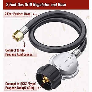 CALPOSE 2 Feet Propane Hose with Regulator, Universal Gas Grill Regulator and Hose for Blackstone 28''/36'' Griddle, Weber Grill, Propane fire pit and More, 3/8" Female Flare for Most LP Gas Grills