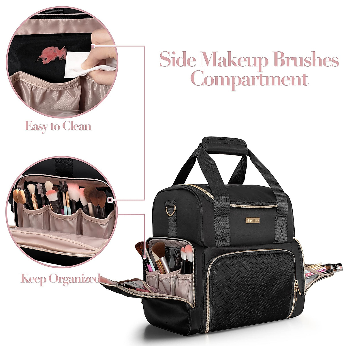 Prokva Large Cosmetic Bag with 3 Removable Case, Double Layer Travel Organizer with Inner Dividers and Makeup Brushes Storage Section, Black (Patented Design)