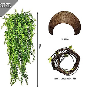 PINVNBY Bearded Dragon Habitat Decor Reptile Hammock Lizard Terrarium Lounger Ladder Accessories Coconut Shell Hut Hideout Cave Natural Seagrass Jungle Climber Tank Decoration for Gecko,Snake(5 Pcs)