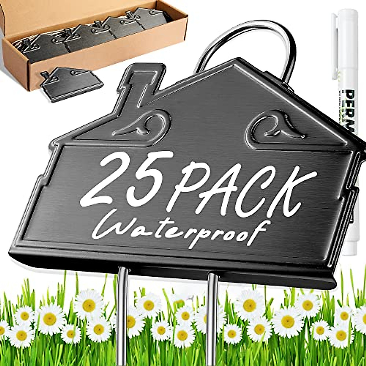 Metal Plant Labels - 25 Pack Weatherproof Garden Plant Markers, Reusable Outdoor Plant Label Stakes for Herb Flowers Vegetables Seedlings with a Pen, Height 11", Label Area 3.2" x 1.2" - Black