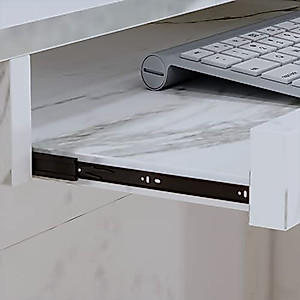 Homsee Reception Desk L-Shaped Office Desk with Counter, 1 Door Storage Cabinet, 1 Lockable Drawer, Hutch Shelf and Keyboard Tray (White Marble)