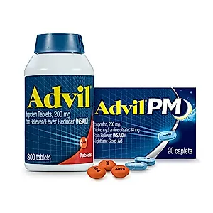 Advil Pain Reliever and Fever Reducer, Ibuprofen 200mg for Pain Relief - 300 Count, Advil PM Pain Reliever and Nighttime Sleep Aid, Ibuprofen for Pain Relief and Diphenhydramine Citrate - 20 Count