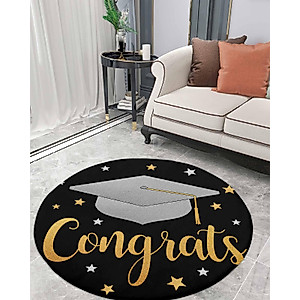 Graduation Cap Fluffy Round Area Rug Carpets 3ft, Plush Shaggy Carpet Soft Circular Rugs, Non-Slip Fuzzy Accent Floor Mat for Living Room Bedroom Nursery Home Decor Star Black Gold Grey