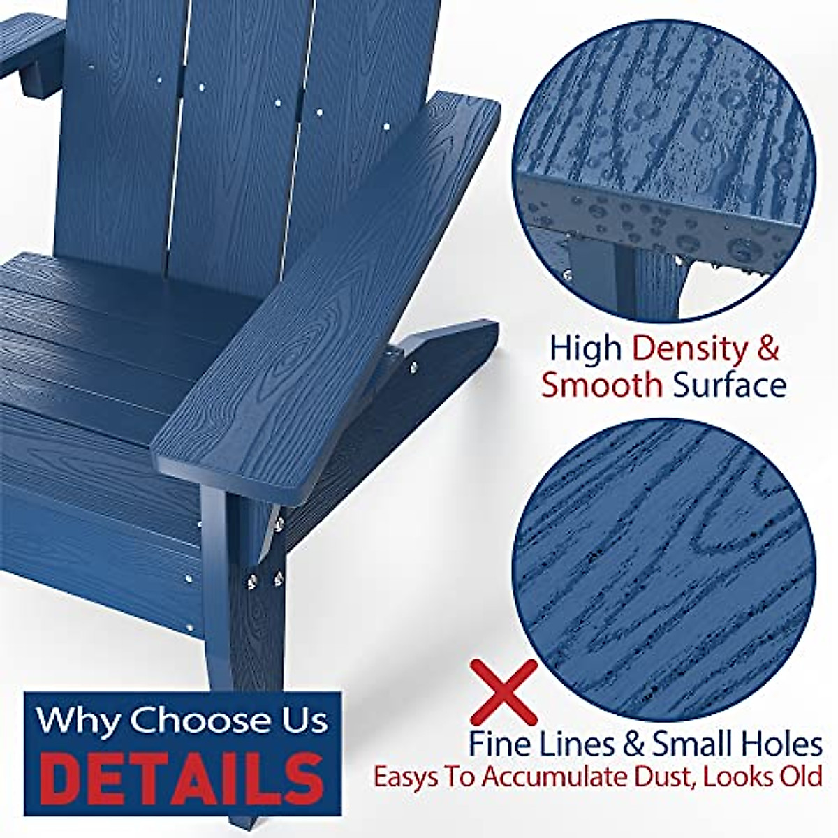 SAKSUN Adirondack Chairs Set of 2 Weather Resistant with Cup Holder,Unfinished, Patio Seating, Patio Chairs Furniture, Lounge Chairs for Outside, Plastic Lawn Chair, Outdoor Chair (2, Navy)