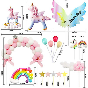 MOVINPE Unicorn Cake Topper, Magic Unicorns Sculpture, Pink Hairball Arch, Rainbow, Wings Birthday Banner, Cloud, Balloon, Stars, Little Unicorn Rainbows, Cake Decoration For Girl Kid Women Party