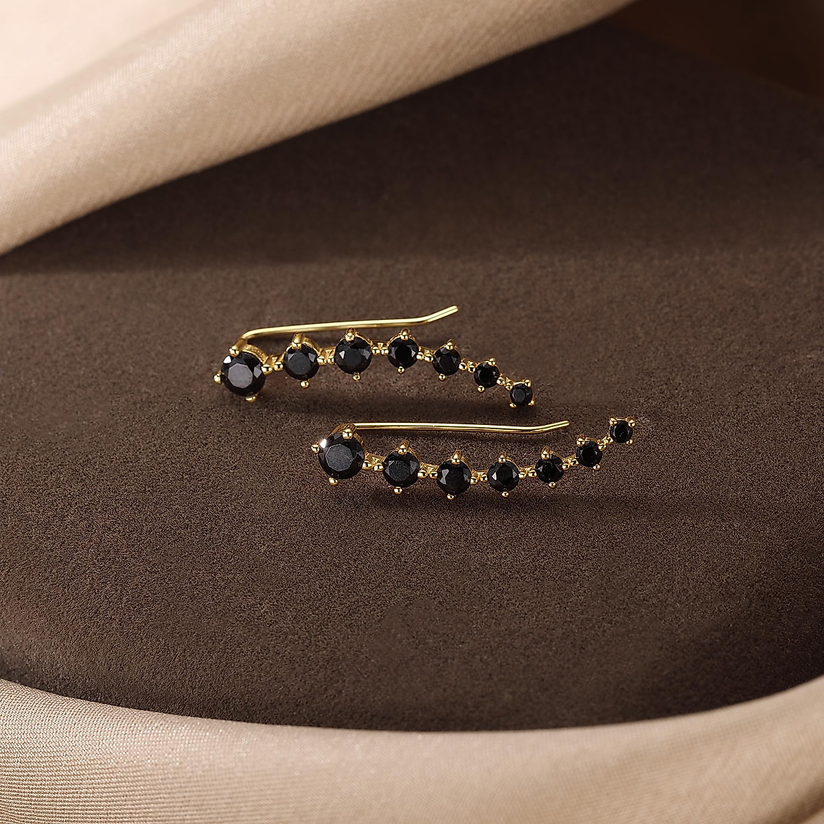 Reffeer 925 Sterling Silver 7 Crystals Cuff Earrings Climber for Women CZ Crawler Earrings Wraps (D-Gold-Black CZ)