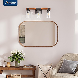 Amico 3-Light Farmhouse Vanity Light Fixture, Rustic Wood Bathroom Light Fixtures, Industrial Vintage Black Wall Sconces Light with Bubble Glass Shade for Mirror, Bedroom, Living Room, Hallway