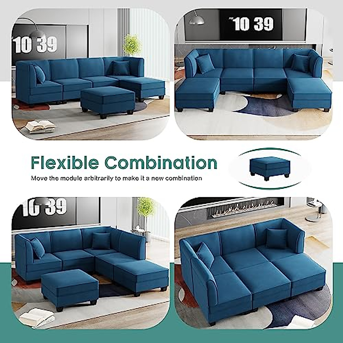 Shintenchi Reversible Modular Sectional Sofa Couch,116" Velvet U-Shaped Sectional Couch Sofa with Ottomans, 6 Pieces Modular Large Sectional Sofa Set for Living Room,Blue