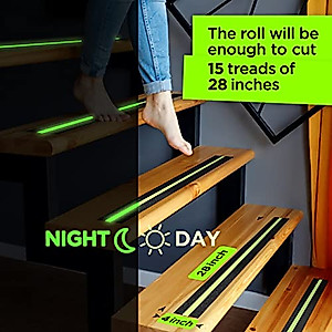 Grip Tape - Heavy Duty Anti Slip Tape for Stairs Outdoor/Indoor Waterproof Safety Non Skid Roll for Stair Steps Traction Tread Staircase Grips (2 Inch x 35 Feet, Black with Glow in The Dark Strips)