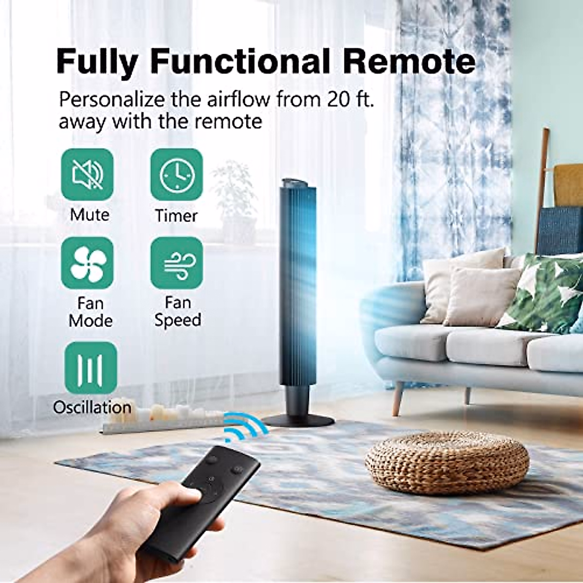 Tower Fan, Freetex 42'' 90° Oscillating Cooling Fan with Remote, Quiet Bladeless Fan for Indoor, Bedroom and Home Office, Portable Standing Floor Fan with Height Adjustable, Sleep Mode, LED Display, Touchpad
