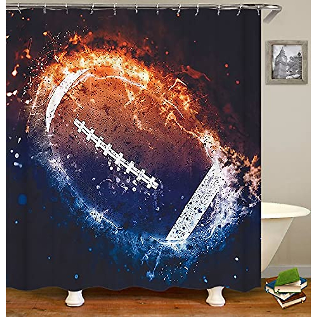 Jayden Madge 4PCS/Set Burning American Football Shower Curtain, Ice and Fire Championship Cool Sports Bathroom Decor for Men, Waterproof Fabric Black Shower Curtain, Non-Slip Bath Rugs, Flaming Ball