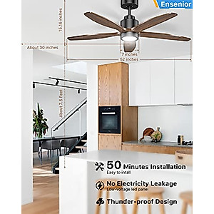 Ensenior 52” Ceiling Fan with Light Remote Control, 5CCT selectable, Dimmable, 1000 Lumens, 15W LED, 5 Wood Blades and Reversible DC Motor, for Bedroom and Living Room, Black, (338)