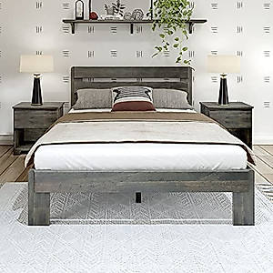 Plank+Beam Rustic Wood Queen Bed Frame, Platform Bed with Headboard, Slatted, Driftwood