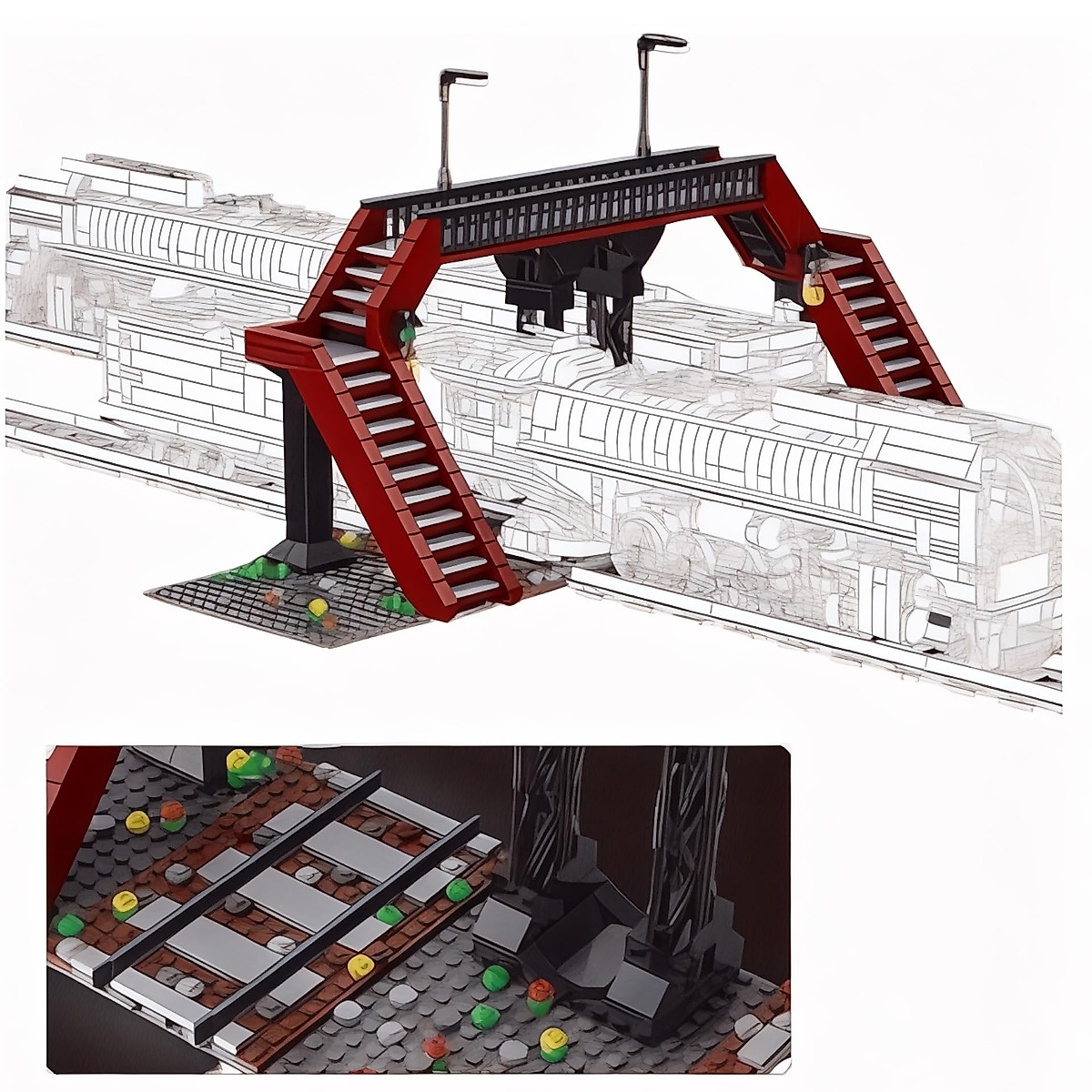 General Jim's Red Railway Crossing Modular Building Block Bricks Set, Contains 655 Brick Pieces, Base Plates Included, for Adults, Teens and Train Enthusiast