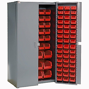 Global Industrial Bin Cabinet with 144 Red Bins, 38x24x72, Assembled