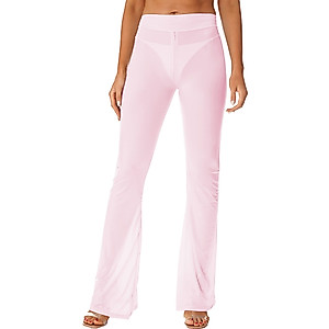 Jhaoyu Women Semi See-Through Zipper Crotch Flare Yoga Pants High Waisted Bootcut Wide Leg Workout Leggings Pink One Size
