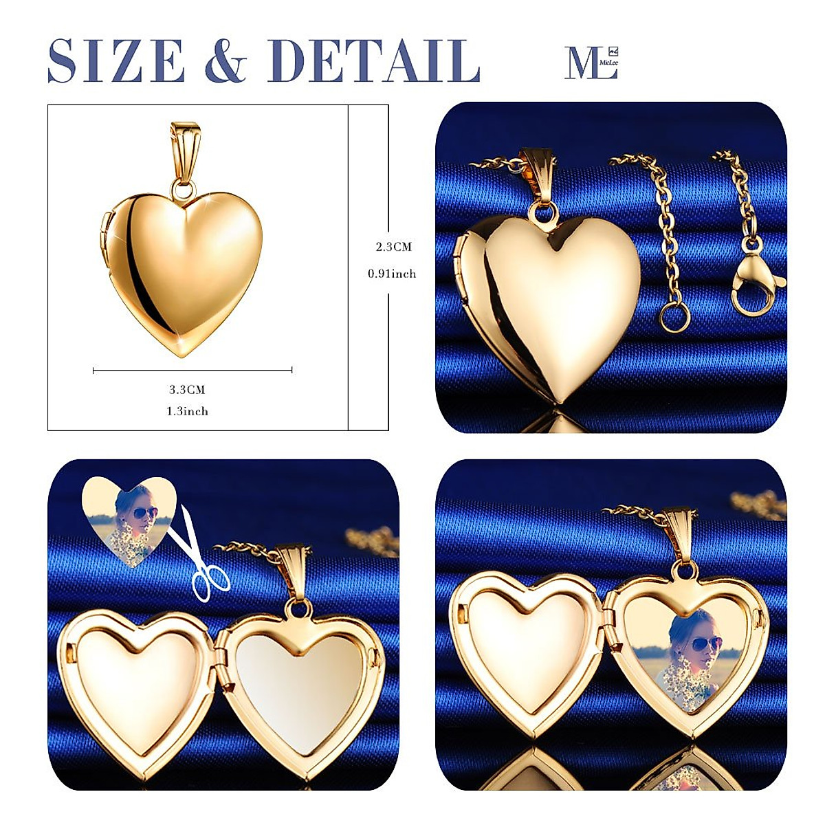 MicLee Women Photo Locket Necklace Heart Shape Locket Necklace Includes 19.7 Inch Stainless Steel Chain with Gift Box