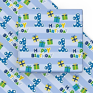 WRAPAHOLIC 1st Birthday Wrapping Paper Sheet - 6 Sheets Blue Happy Birthday with Gift Box Design Folded Flat for Birthday, Party, Baby Showers - 19.7 Inch X 27.5 Inch Per Sheet