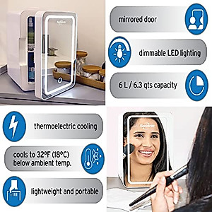 Koolatron Cosmetics Fridge w/Lighted Makeup Mirror, 6L Portable Skincare Refrigerator w/LED Ring Light, 12 Volt DC and 110 Volt AC Cords, Beauty Serum, Face Mask, Home, Travel, Hotel, Dorm, Office
