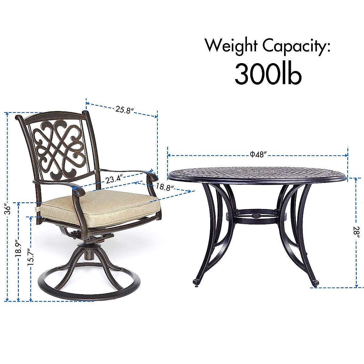 DALI 5 Piece Outdoor Dining Set Patio Furniture, Deep Cushioned Aluminum Swivel Rocker Chair Set with 48 inch Round Alum Casting Table
