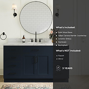 ARIEL Bathroom Vanity 61" Midnight Blue, 1.5" Edge Italian Carrara Marble Countertop & Splash, Oval Sink, 2 Soft Closing Doors, 9 Full Extension Dovetail Drawers, Toe Kick, Matte Black
