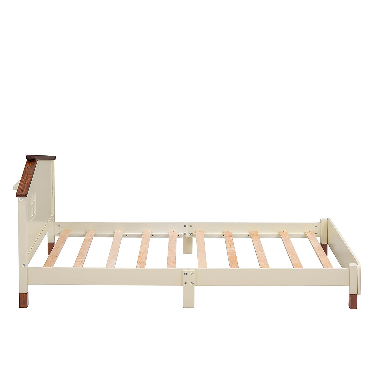 Bellemave Twin Size Platform Bed with Headboard, House Twin Bed with Support Slats, Wooden Kids Twin Size Bed Frame for Boys Girls, No Box Spring Needed, Bedroom Furniture (Cream+Walnut)