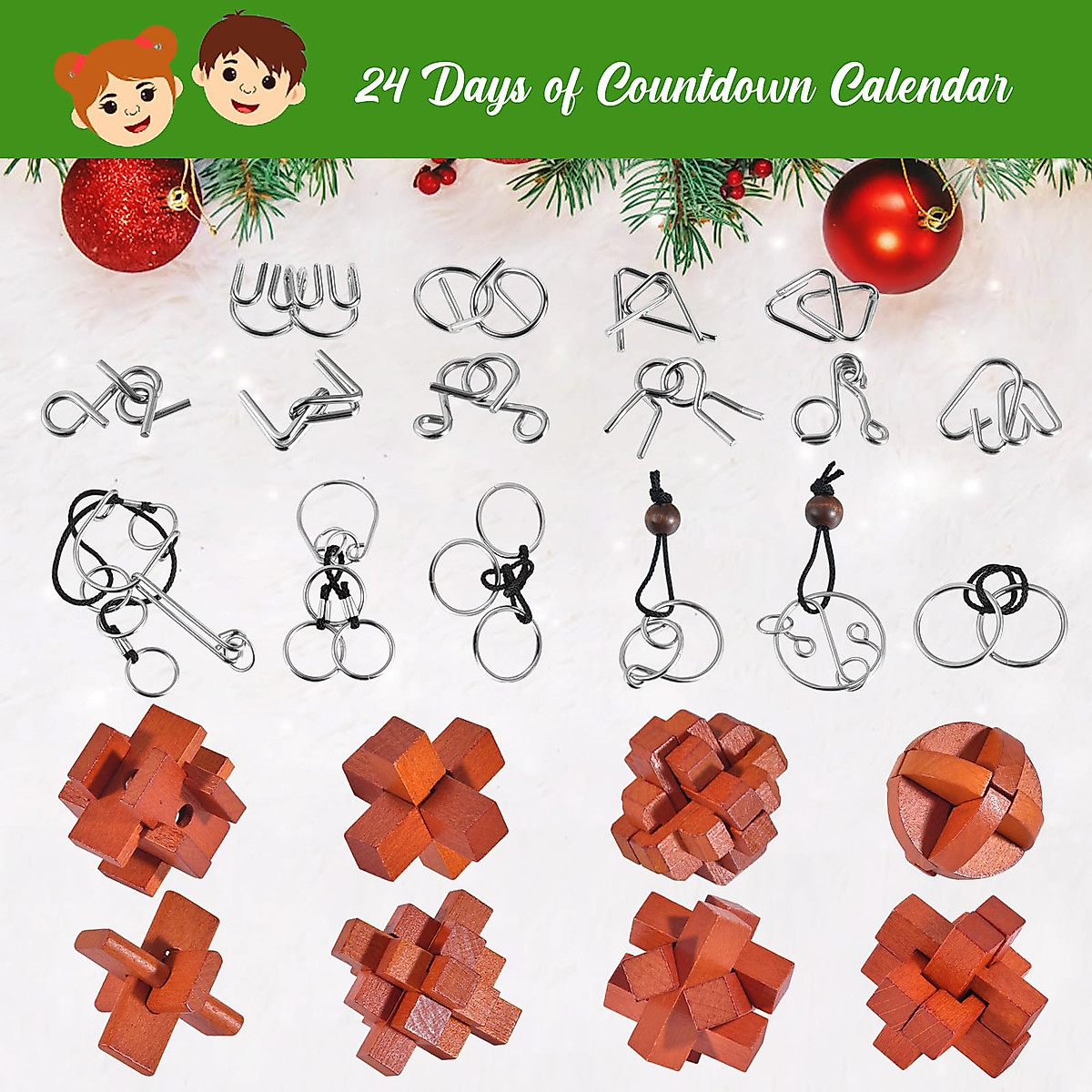 Advent Calendar 2024, Christmas Countdown Calendar Gift Box with 24 Brain Teaser Puzzles, Advent Calendar 2024 for Adults Kids Boys Girls, Xmas Countdown Calendar Challenge Gift