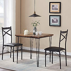 VECELO Modern Industrial Style 3-Piece Room Kitchen Pu Cushion Chair Sets for Small Space, Dining Table for 2, Retro Brown and Black