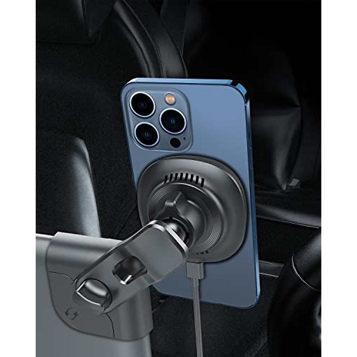 OQTIQ Wireless Car Mount Charger for Tesla Model 3 / Y Magnetic Phone Holder Fast Charging Cooling Fan Magnet Charger Compatible with Mag Safe Cases, for iPhone 14 13 12 Series (with QC 3.0 Adapter)
