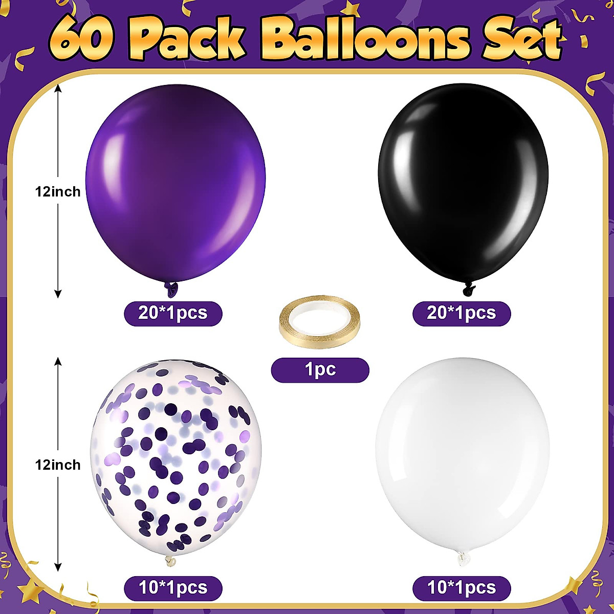 60 Pieces Balloons Kit 12 Inch Confetti Balloons with 2 rolls Ribbon Latex Balloon Party Favor Metallic Balloons for Birthdays Baby Shower Wedding Graduation Decorations (Black, Purple, White)